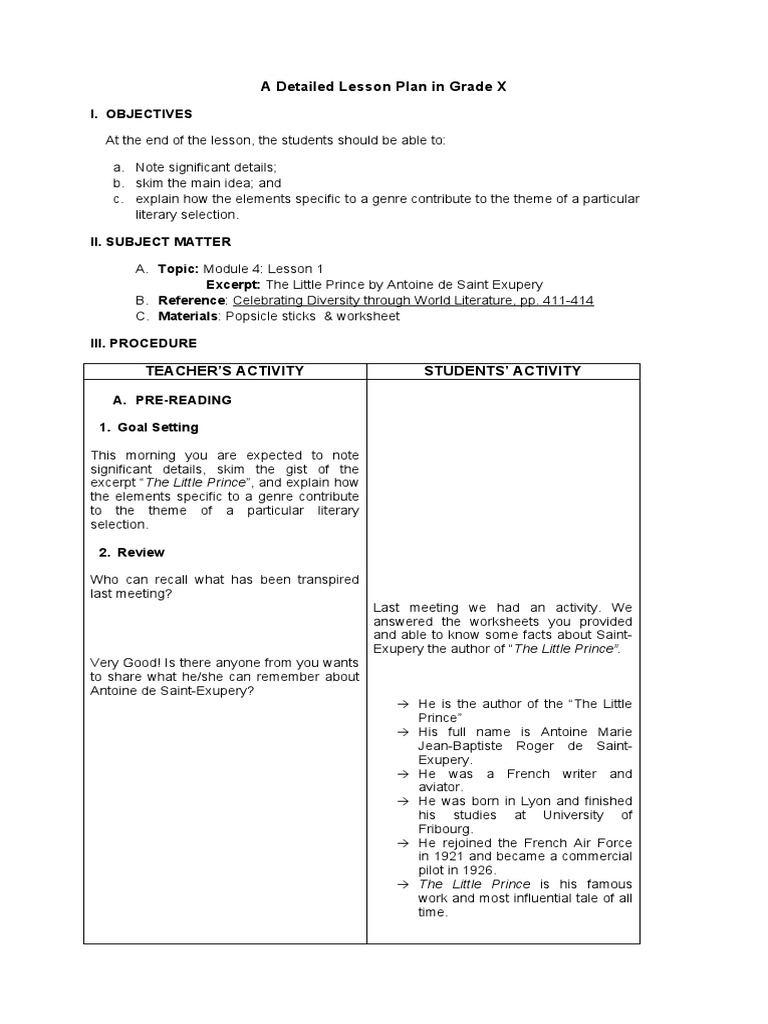 A Detailed Lesson Plan in Grade X: I. Objectives | PDF | The Little ...