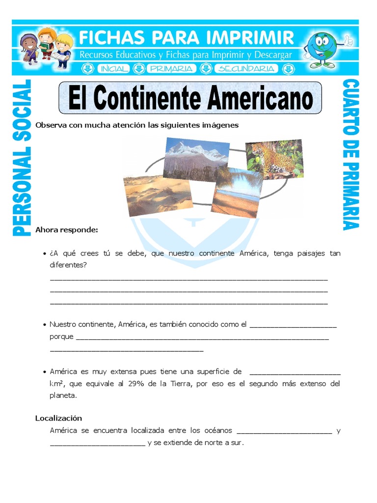 Ficha Continente Americano para Cuarto de Primaria | PDF | Américas ...