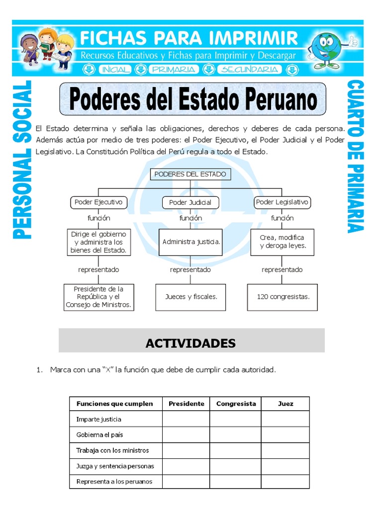 Ficha Poderes Del Estado Peruano para Cuarto de Primaria | PDF