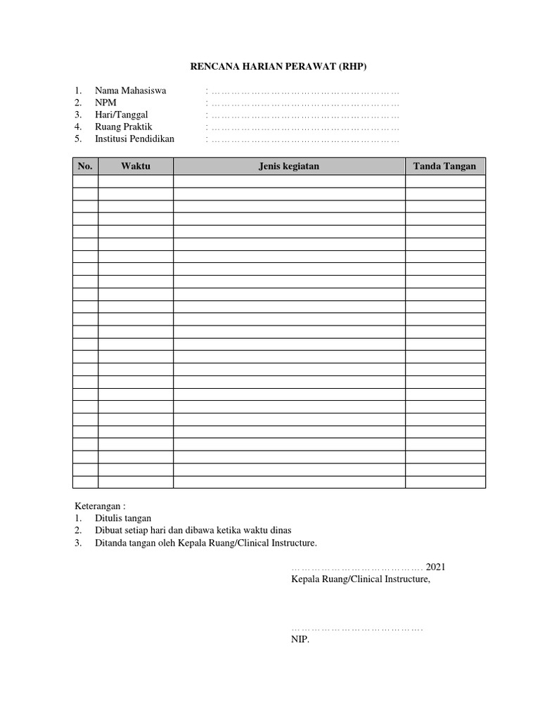 Format Rencana Harian Perawat (RHP) | PDF