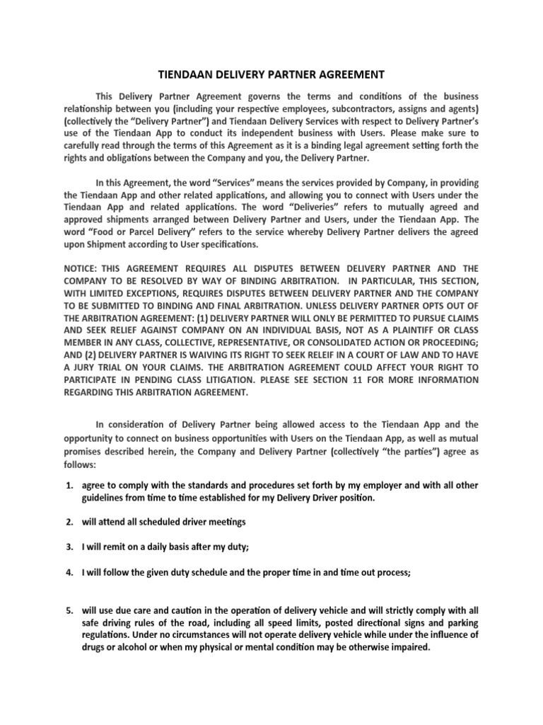 Tiendaan Delivery Partner Agreement | PDF | Insurance | Arbitration