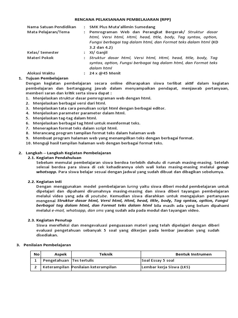 2.RPP Pemrograman Web Dan Perangkat Bergerak Kelas Xi - Semseter Ganjil | PDF | Komputer