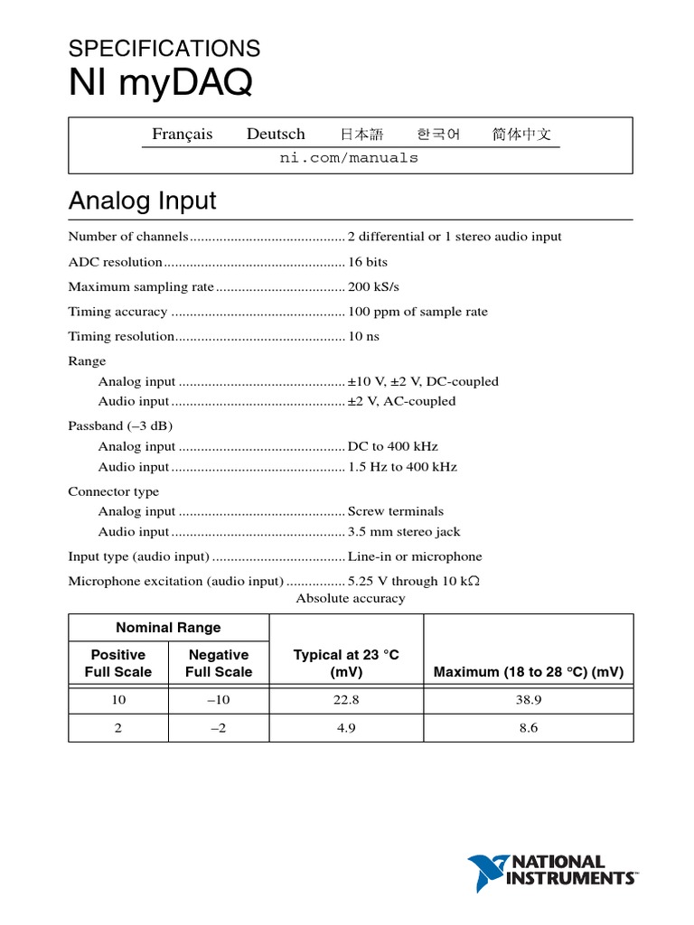 NI myDAQ Specifications | PDF | Electromagnetic Compatibility | Power ...
