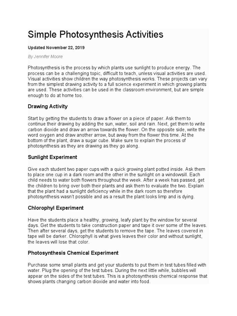 Simple Photosynthesis Activities | PDF | Photosynthesis | Leaf