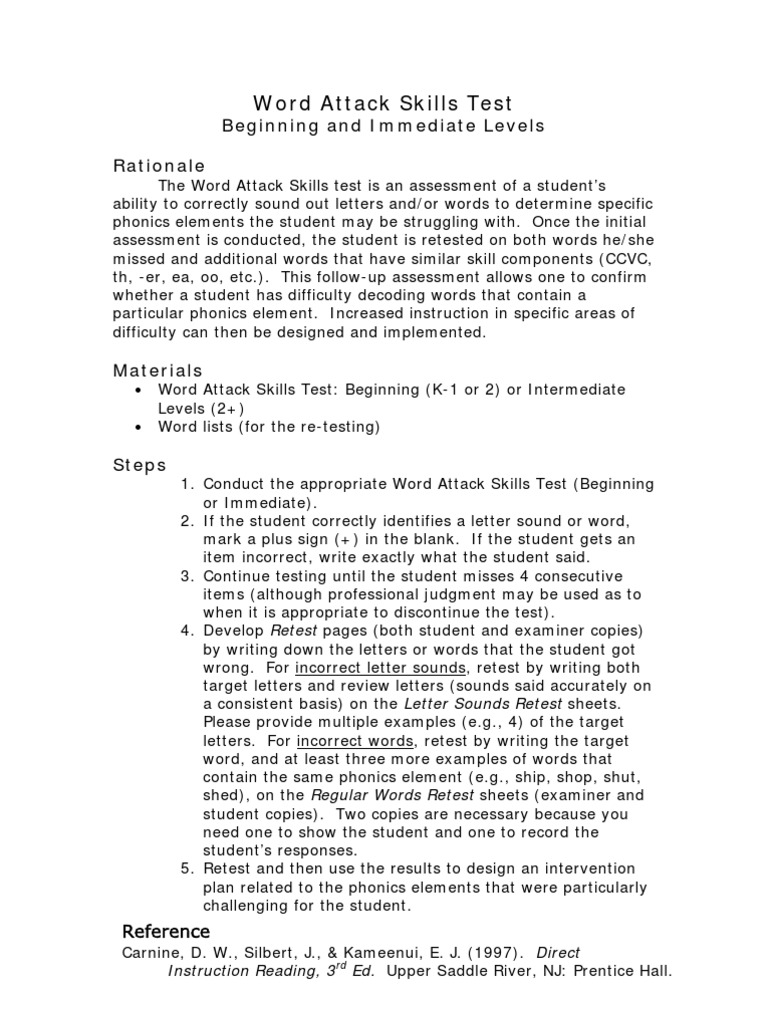 Word Attack Skills Test | PDF | Phonics | Test (Assessment)