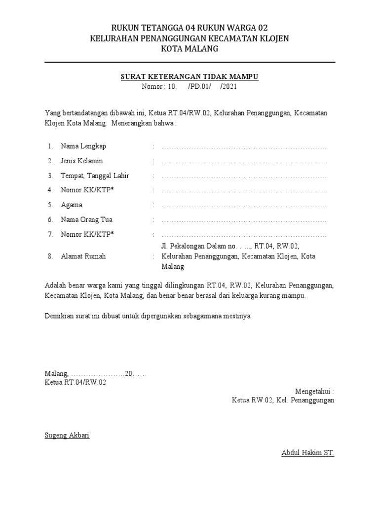 Template Surat Keterangan Tidak Mampu RT Mengetahui RW | PDF