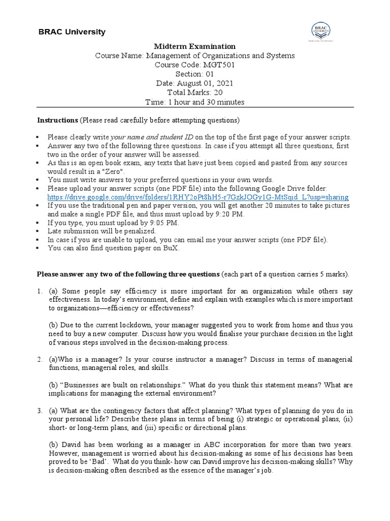 MGT501 Midterm Exam Instructions | PDF | Computer File | Decision Making