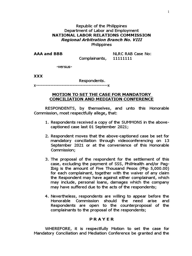 Motion To Set Case For Mandatory Conciliation and Mediation Conference (Sample) | PDF | Justice ...