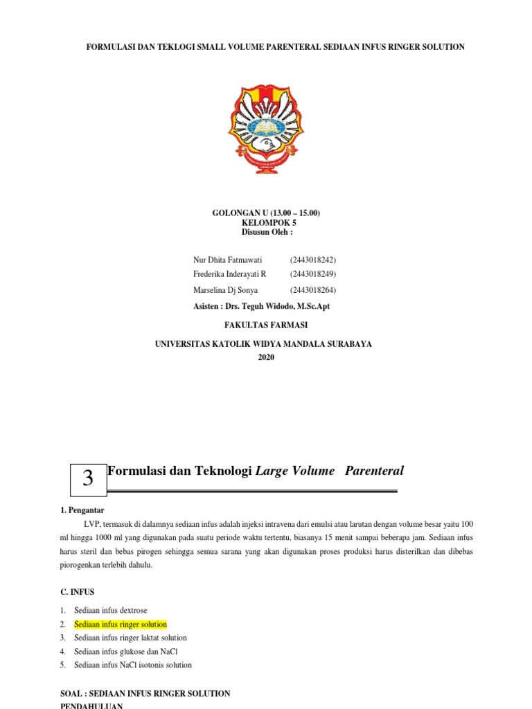 Laporan Formulasi Sediaan LVP Ringer Solutions | PDF