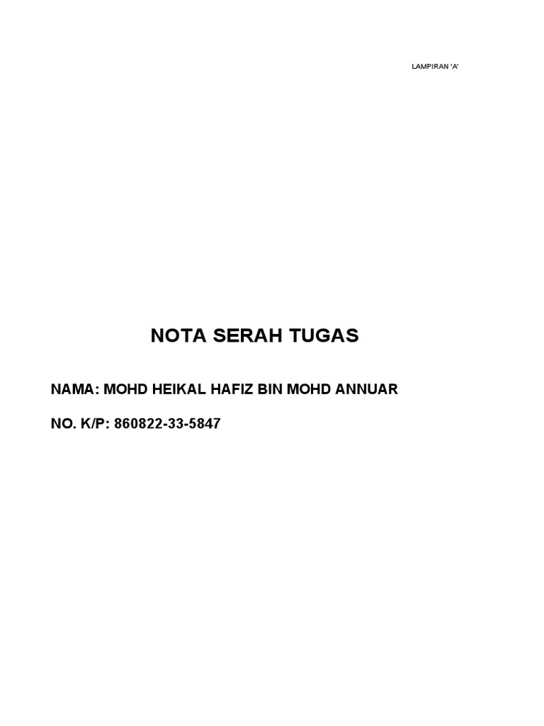 Nota Serah Tugas (Mohd Heikal Hafiz) | PDF