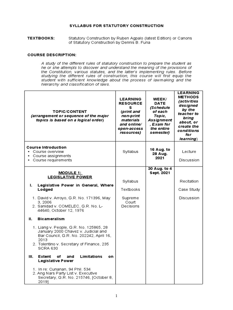 STATCON - Departmental Syllabus 2021-2022 | PDF | Statutory Interpretation | Textbook