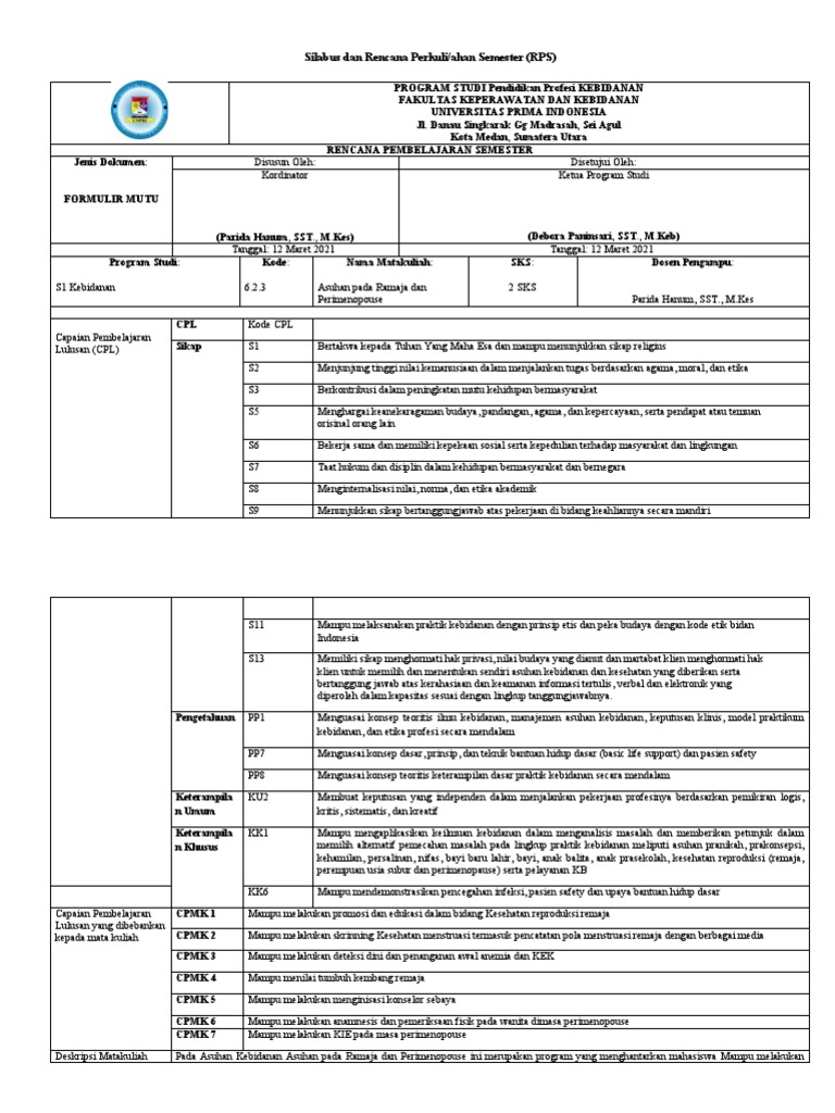 RPS Profesi (Askeb Remaja Perimenopause) | PDF