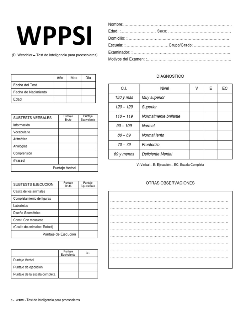 Wppsi Protocolo de Registro | PDF | Pruebas psicologicas | Recopilación ...