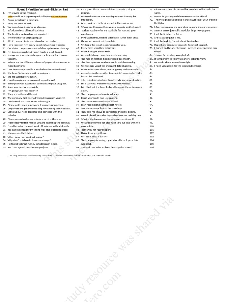 This Study Resource Was Shared Via: Round 2 - Written Versant - Dictation Part | PDF
