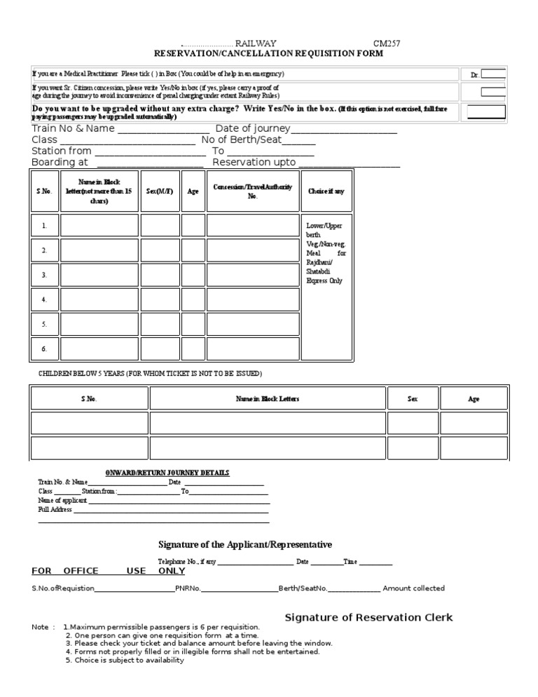RAILWAY CM257 Reservation/Cancellation Requisition Form | PDF | B
