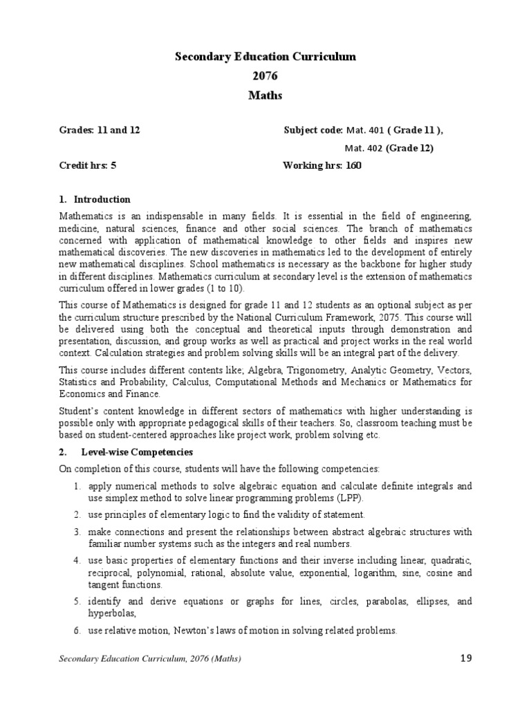 NEB Maths Syllabus XI & XII | PDF | Complex Number | Trigonometric ...