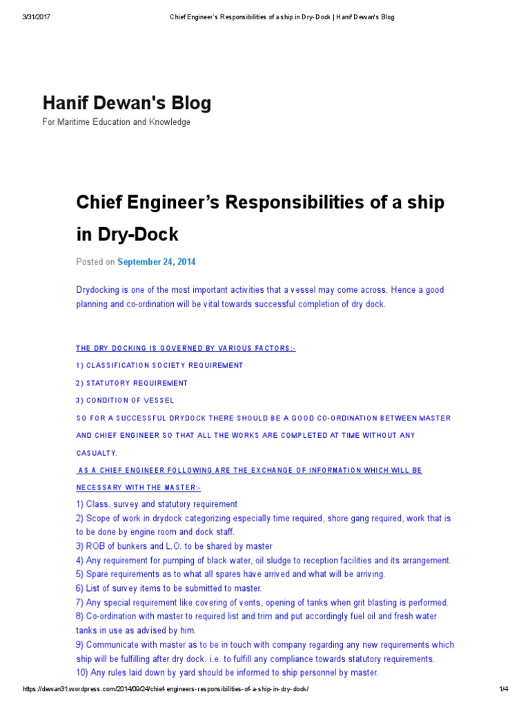 Hanif Dewan's Blog: Chief Engineer's Responsibilities of A Ship in Dry ...