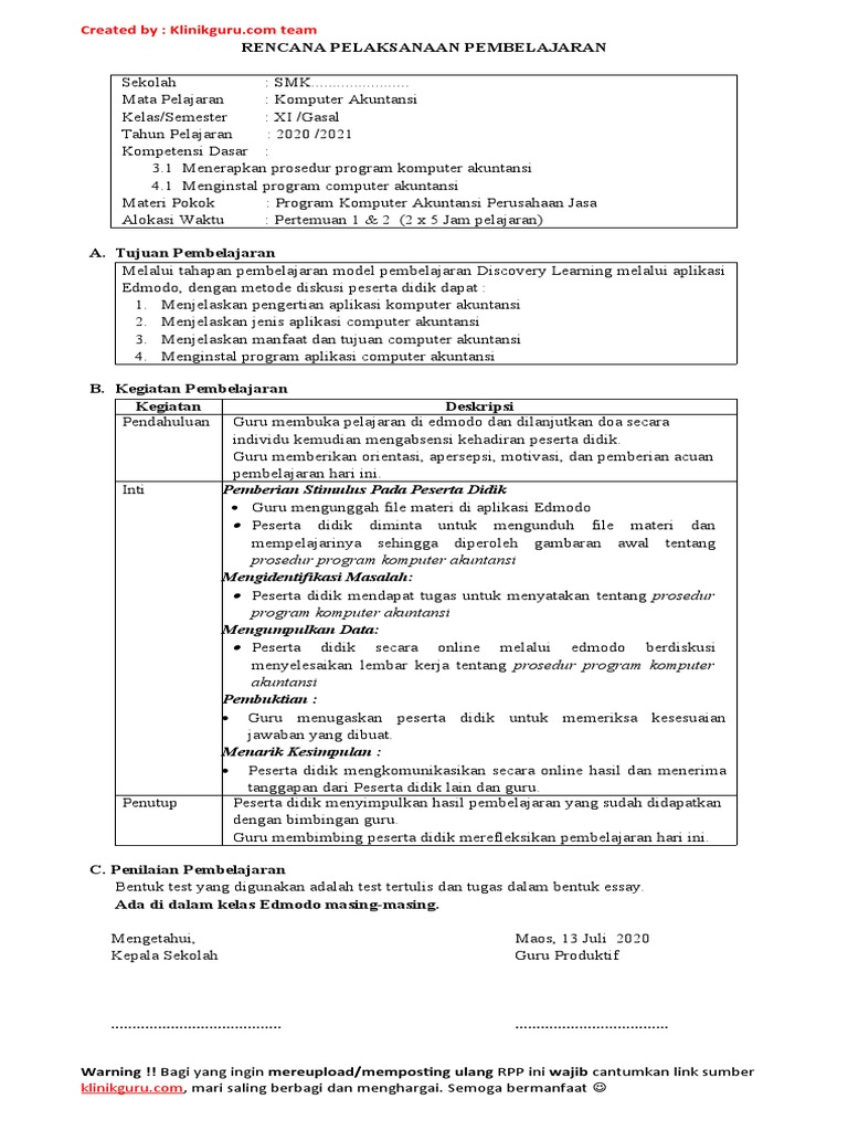 RPP Komputer Akuntansi Xi - KD 3.1 Daring | PDF | Karier & Perkembangan