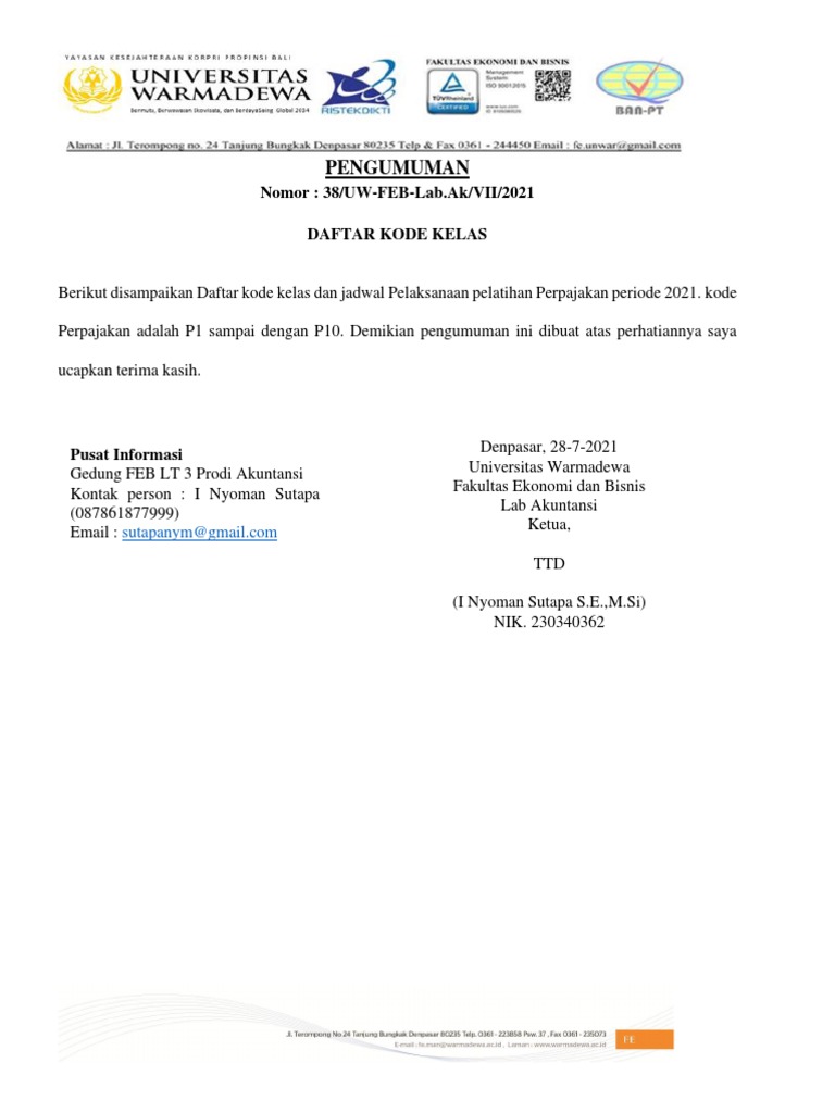 No 38 Pengumuman Daftar Kode Kelas (Perpajakan) | PDF