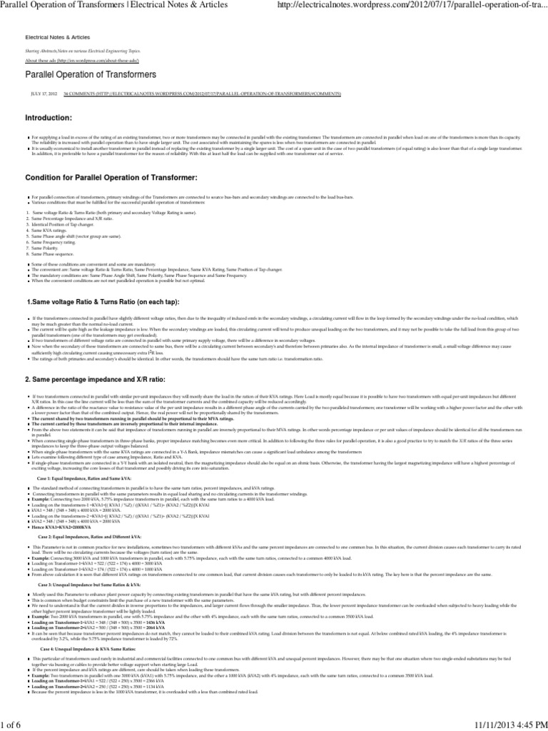 Parallel Operation of Transformers - Electrical Notes & Articles | PDF ...