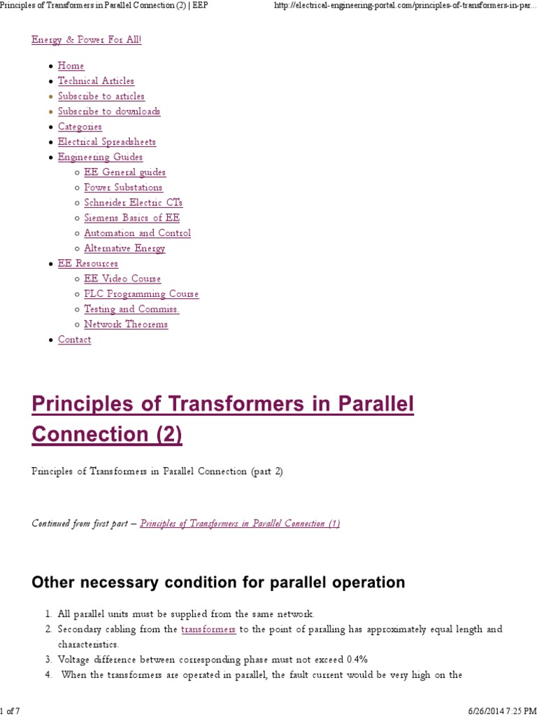 Principles of Transformers in Parallel Connection (2) - EEP | PDF | Transformer | Electrical ...