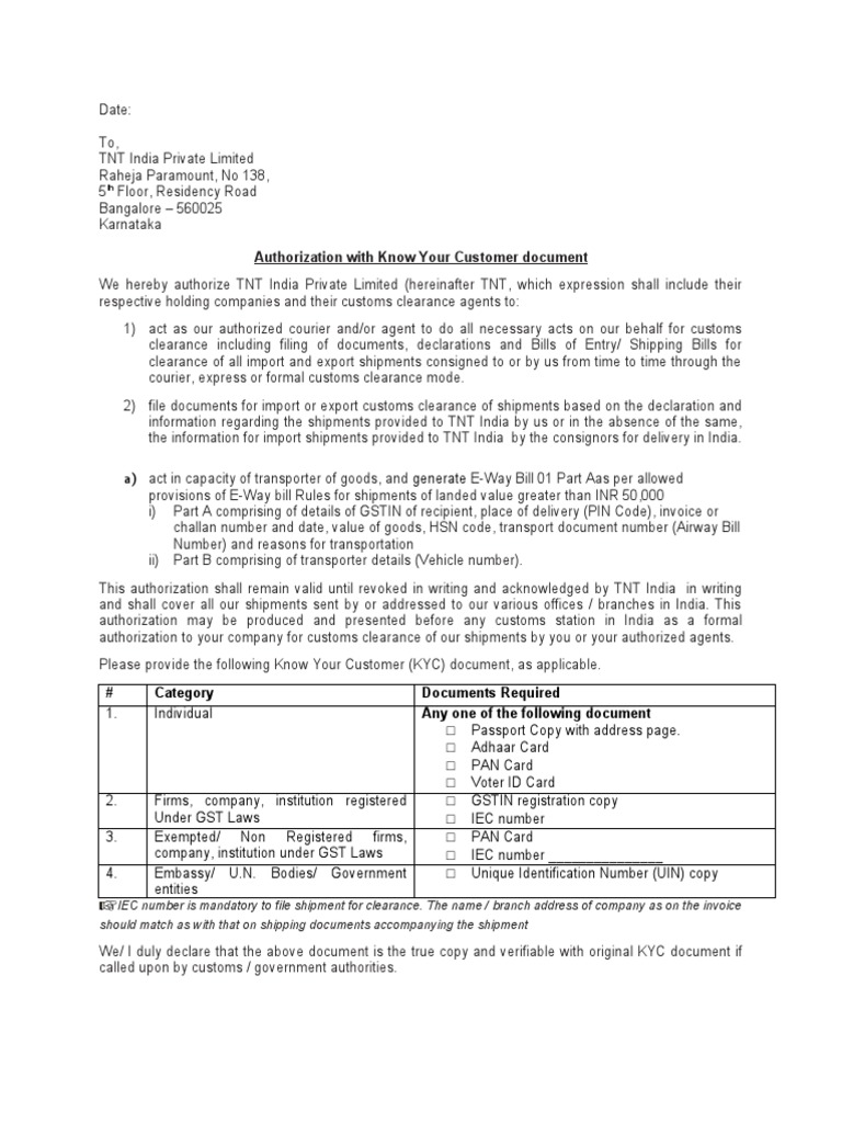 Authorization Letter - TNT | PDF | Customs | Government