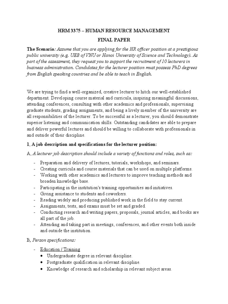 HRM 3375 - Human Resource Management Final Paper The Scenario: Assume ...