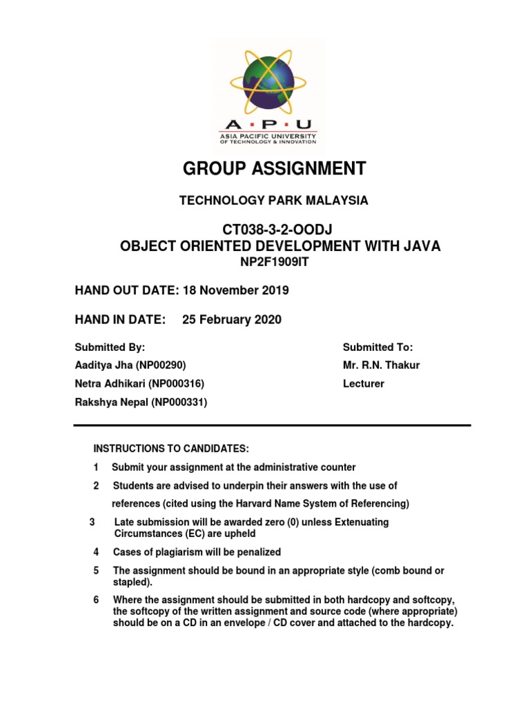 Group Assignment Ct038 3 2 Oodj Object Oriented Development With Java