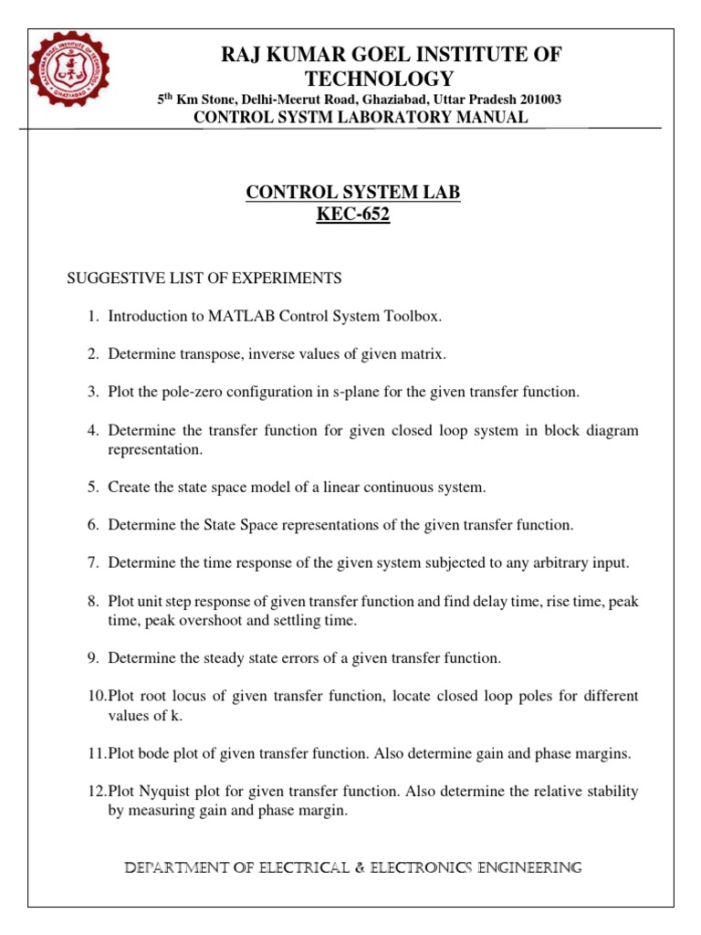 Control System Lab Manual EC Branch (KEC-652) | PDF | Matlab | Control ...
