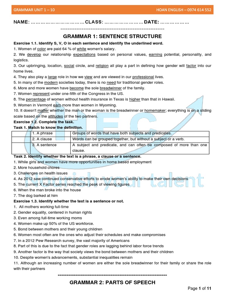 Grammar 1: Sentence Structure: NAME: CLASS: DATE | PDF | Adjective | Noun