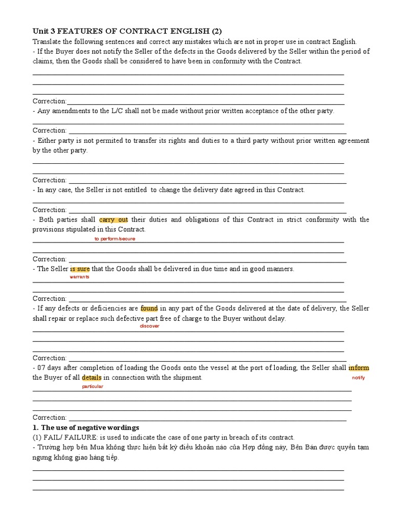 Unit 3 Features of Contract English (2) : 1. The Use of Negative ...