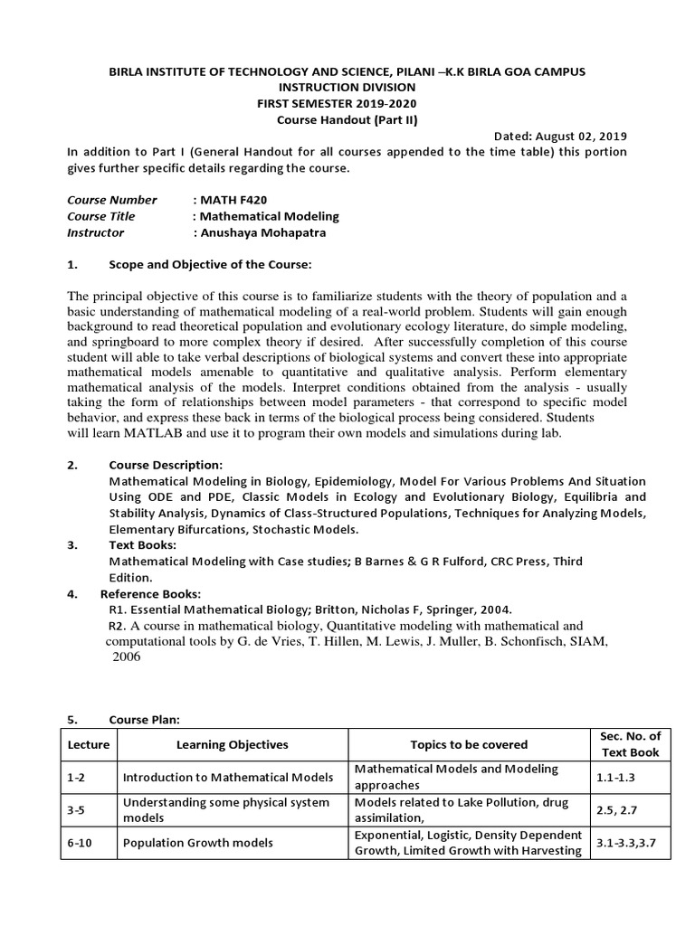 Course Number Course Title: Mathematical Modeling Instructor: Anushaya ...