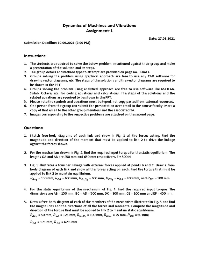 Dynamics of Machines and Vibrations Assignment-1: Instructions | PDF | Force | Applied And ...