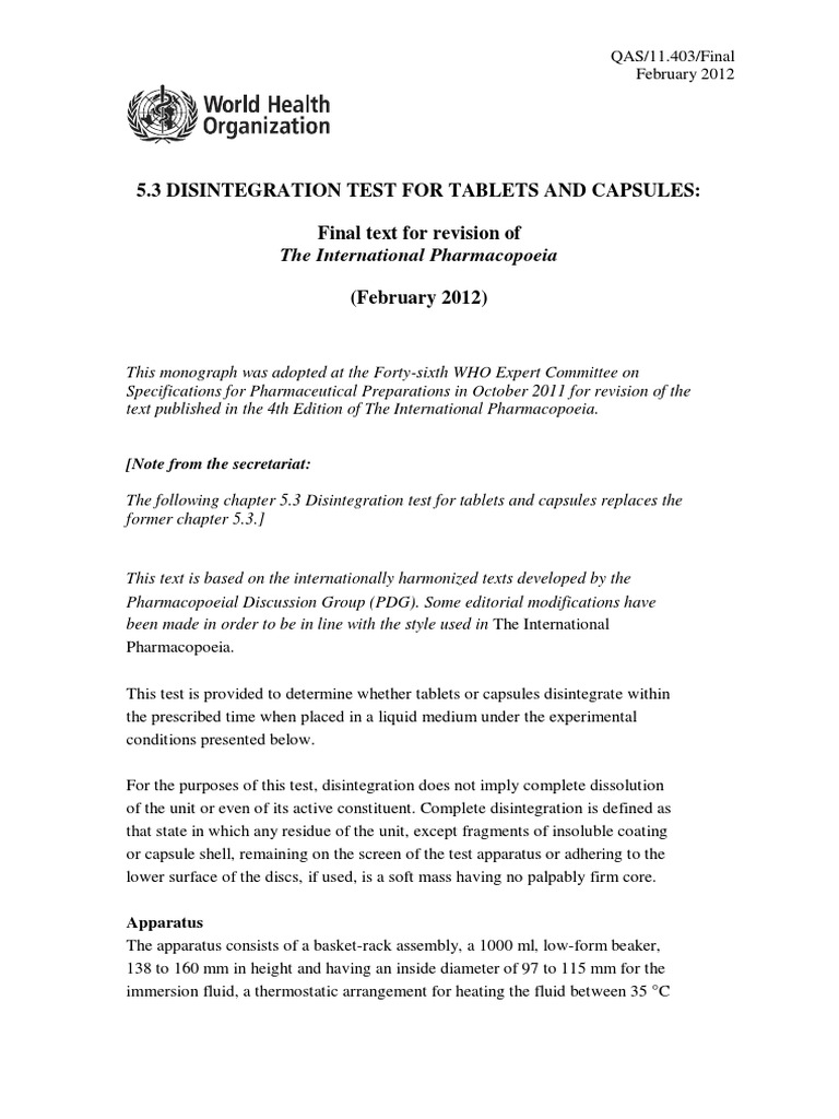 Disintegration Test for Tablets & Capsules | PDF | Applied And ...