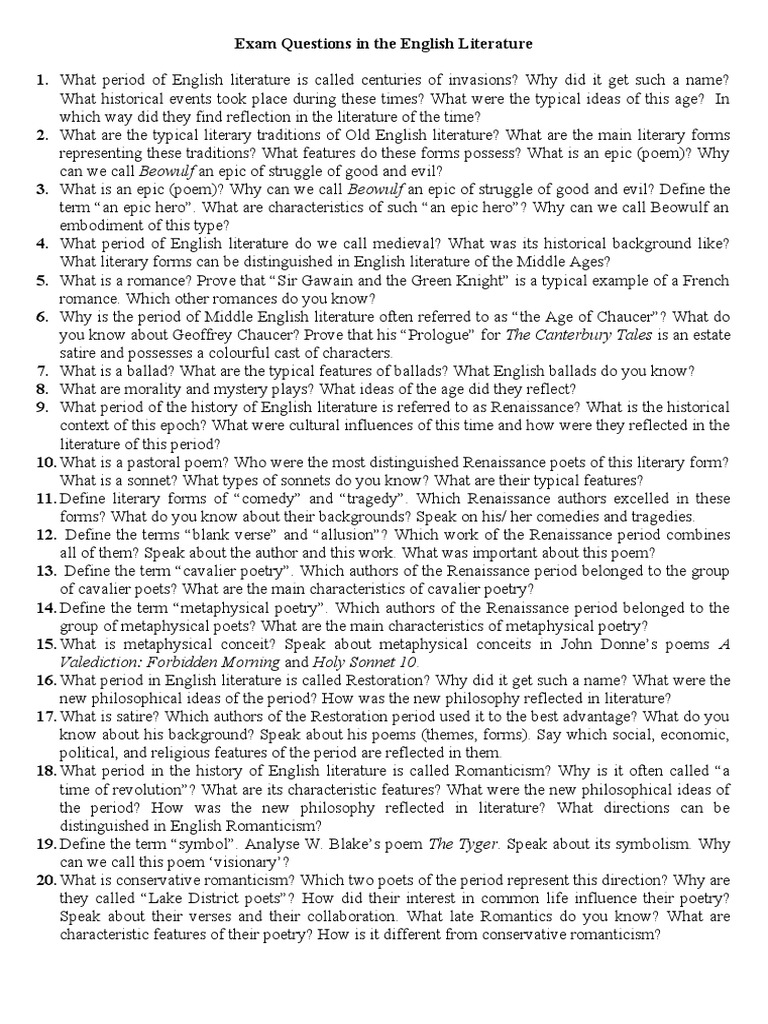 Exam Questions in The English Literature | PDF | Poetry | English ...