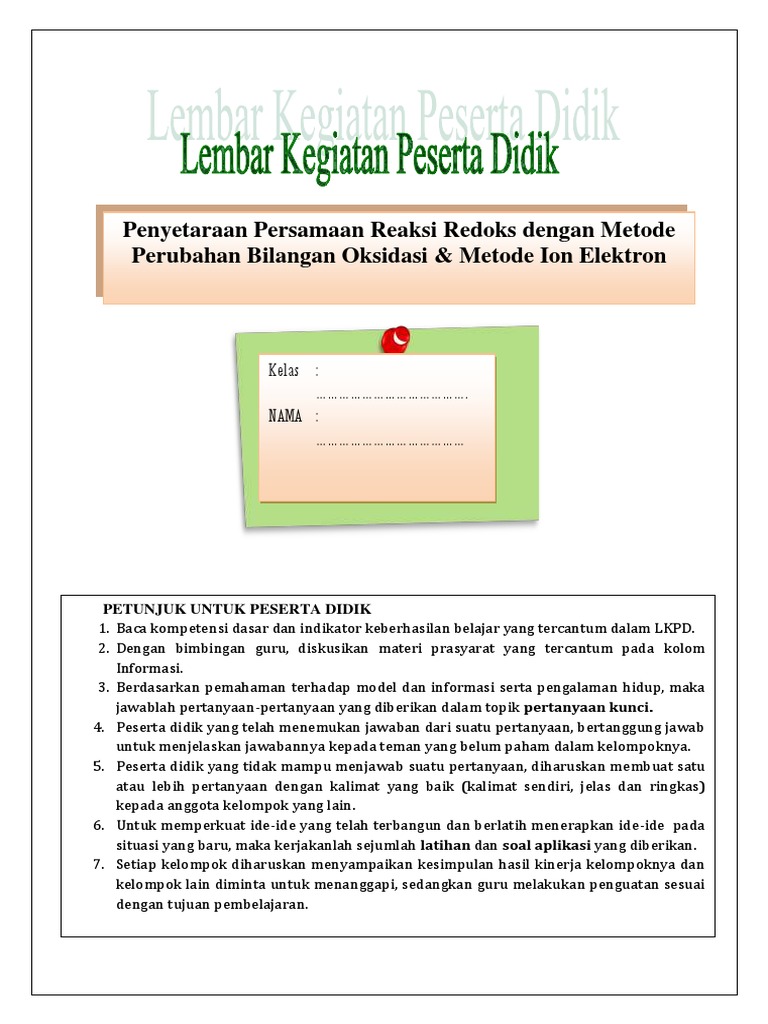 Tugas LKPD Redoks Pert 1 - Fix | PDF | Metode & Bahan Ajar | Sains & Matematika