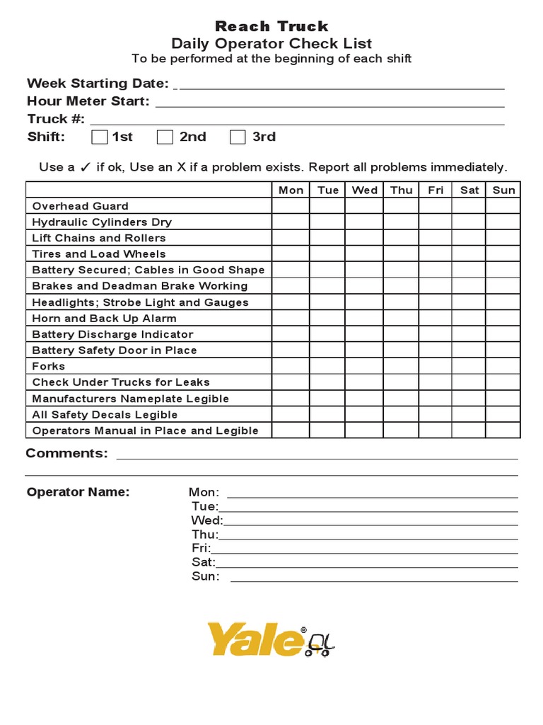 Reach Truck Daily Operator Checklist 2 | PDF
