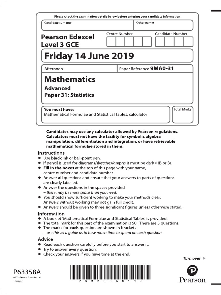 9MA0 031 June 2019 Examination Paper Statistics 31 | PDF