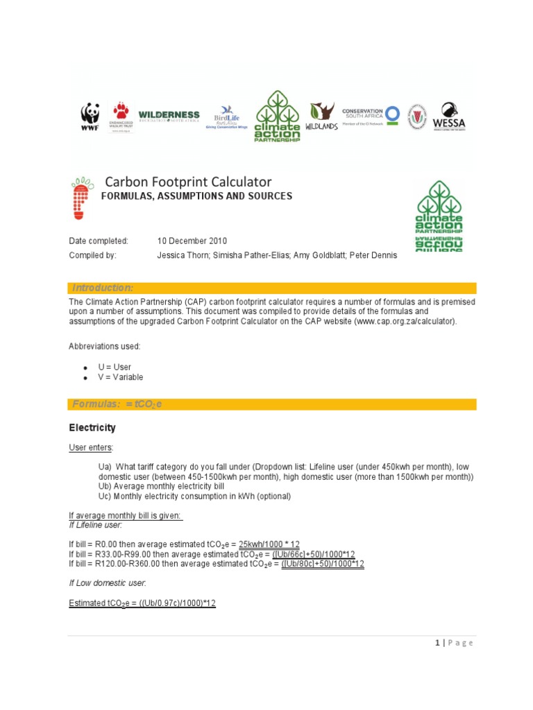 Carbon Footprint Calculator: Formulas, Assumptions and Sources | PDF ...