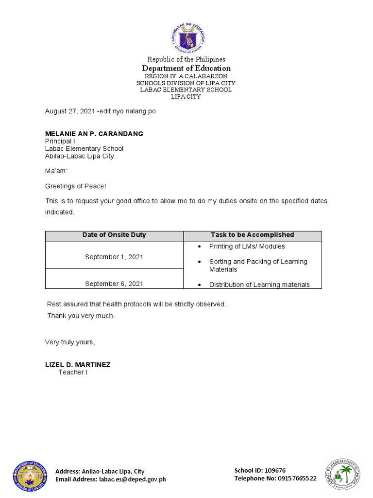 Request Letter For Duty | PDF