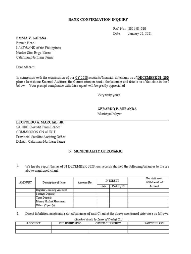 Bank Confirmation Inquiry. | PDF | Audit | Banks