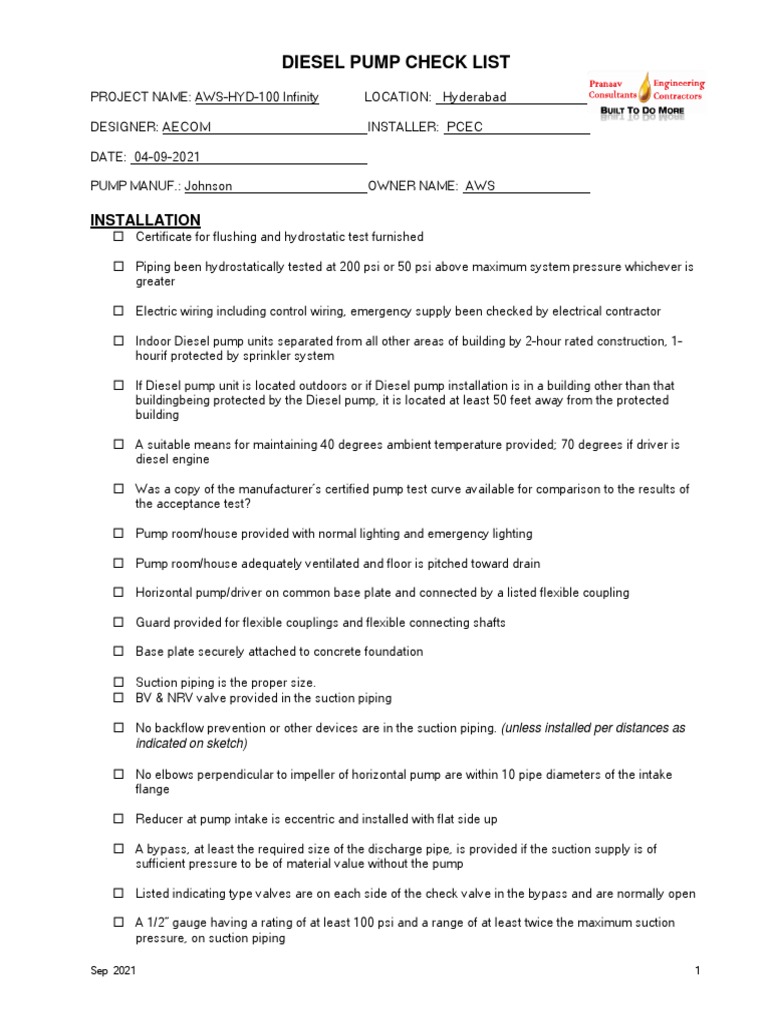 Diesel Pump Check List | PDF | Pump | Valve