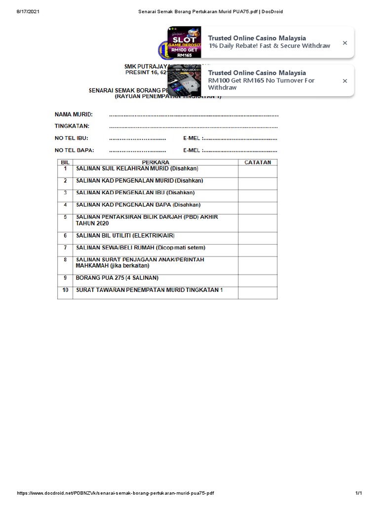Senarai Semak Borang Pertukaran Murid PUA75.pdf - DocDroid | PDF