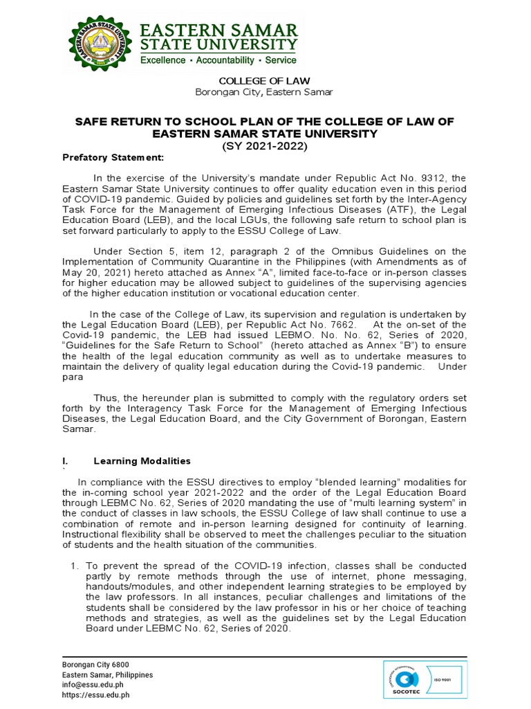 2021 - Safe Return To School Plan | PDF | Legal Education | Quarantine