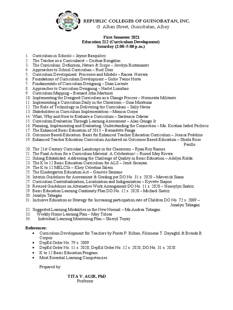 Educ 212 List of Topics | PDF | Curriculum | Cognition