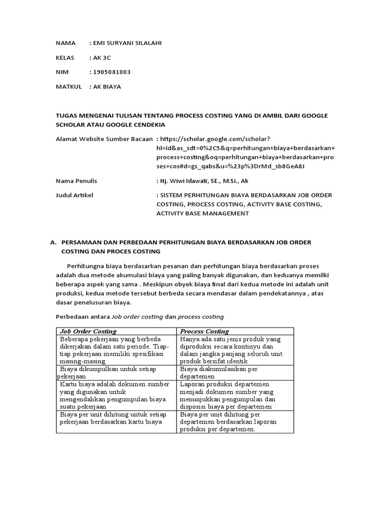 Tugas Ak Biaya Tulisan Process Costing | PDF