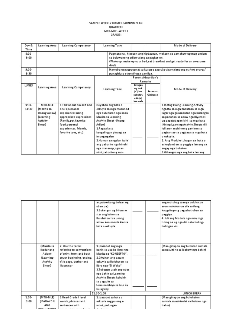 Sample Weekly Home Learning Plan | PDF