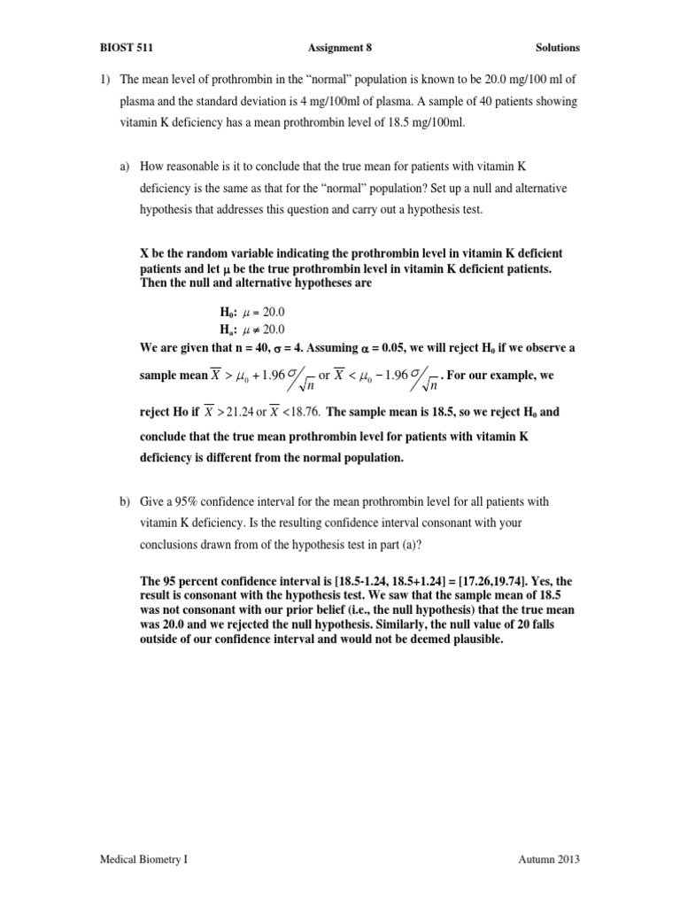 BIOST 511 Assignment 8 Solutions: N X N X | PDF | Statistical ...