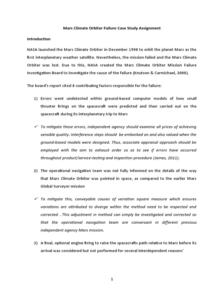Mars Climate Orbiter Failure Case Study Assignment | PDF | Mars ...