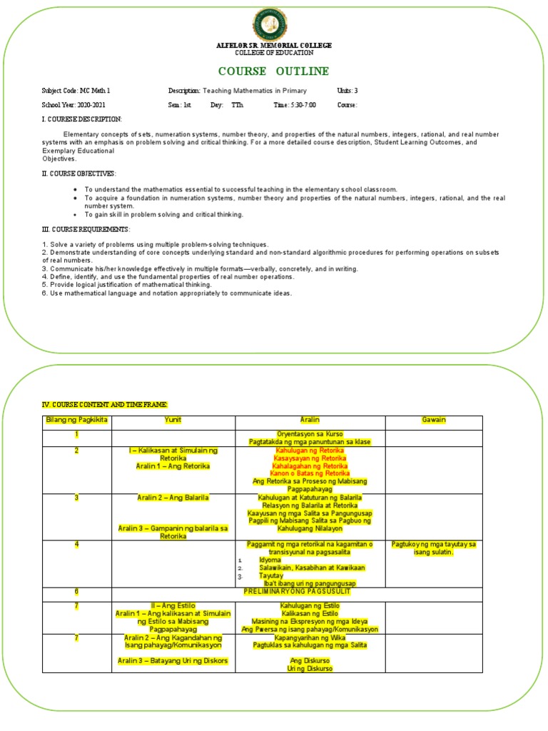 Course Outline Math 1 | PDF